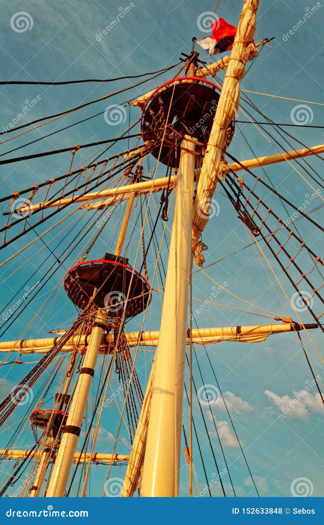 Masts and Rigging of an Old Wooden Sailboat. Details Deck of the Ship ...