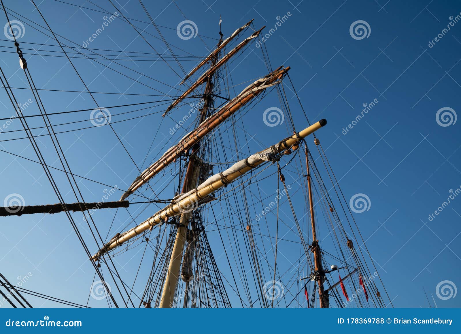 Masts, Spars and Rigging from Low Point of View Against Blue Sky Stock ...