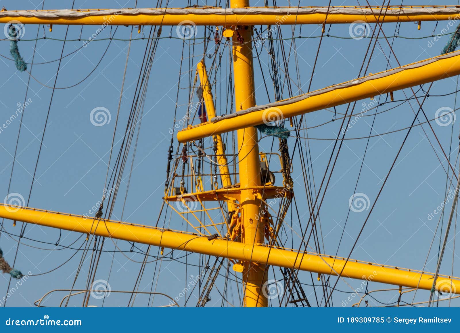 Masts And Cables Of Ship On Background Of Cloudy Sky. Action. Towering ...