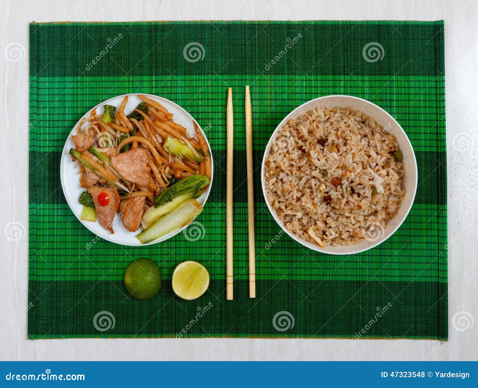 Mat with Short Rice Noodles, Meat and Fried Rice Stock Photo - Image of ...