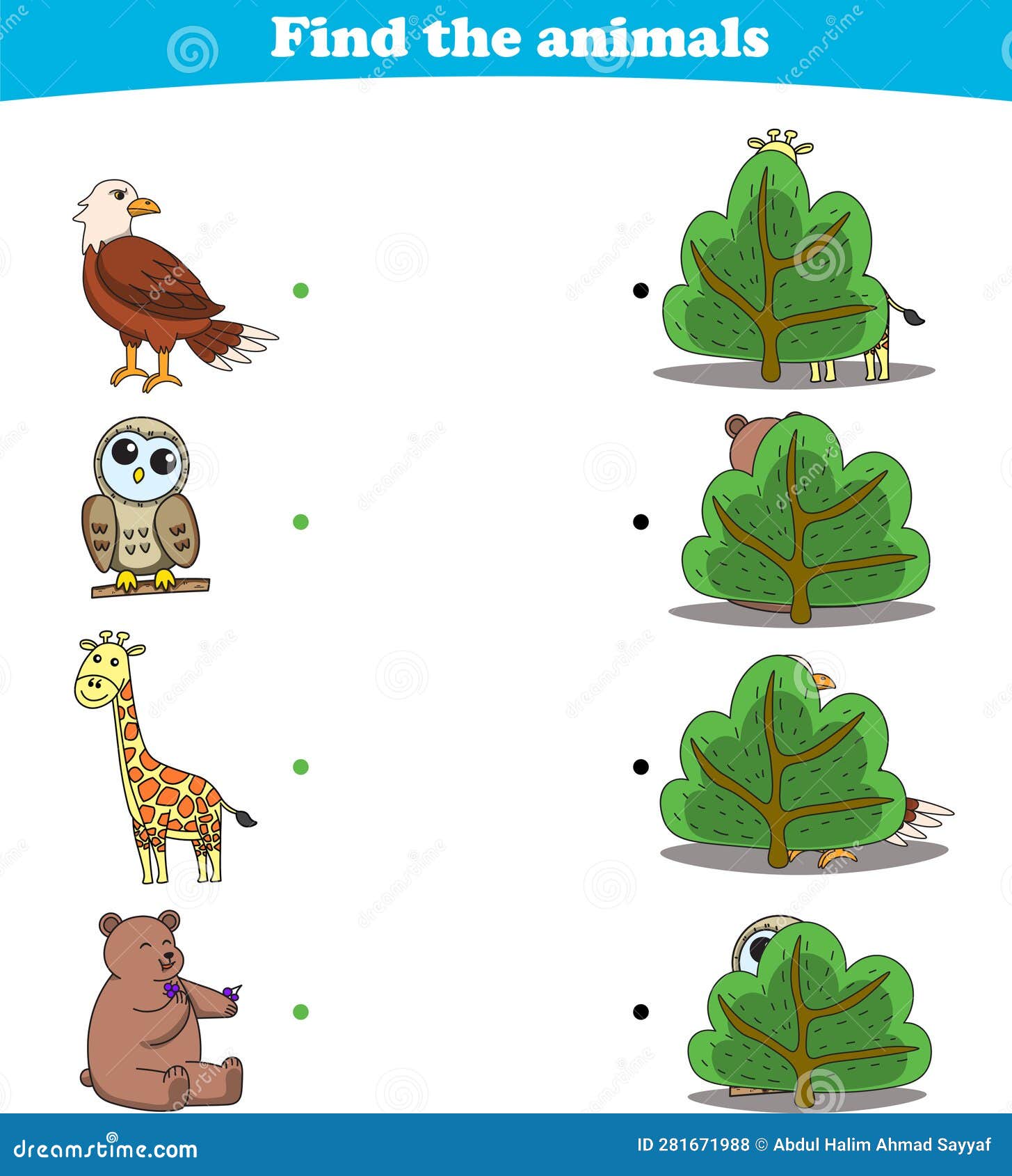 Finding Hiding Animals Child Exercise Sheet Eagle Owl Giraffe Bear ...