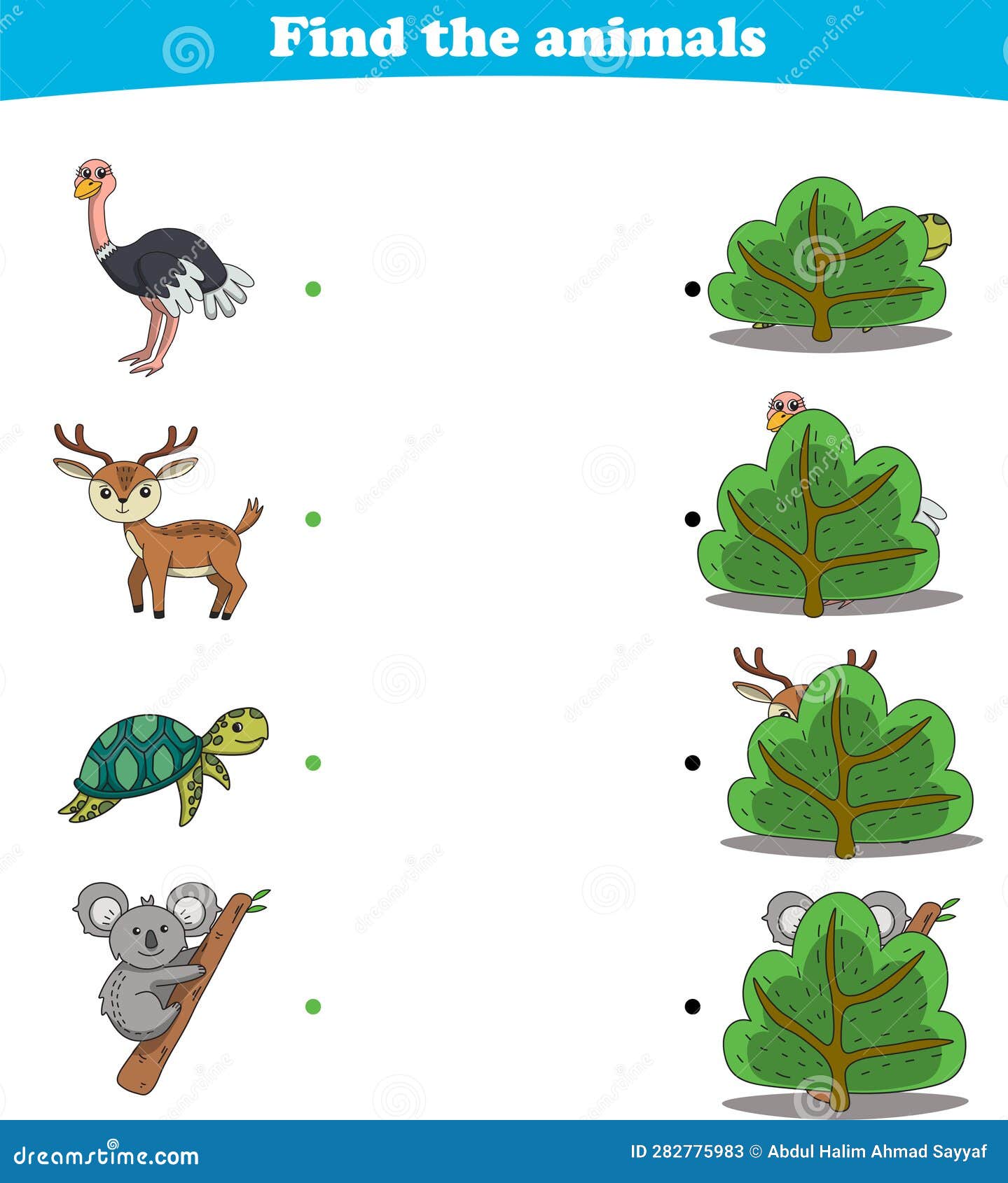 Finding Hiding Animals Child Exercise Sheet Ostrich Deer Turtle Koala ...