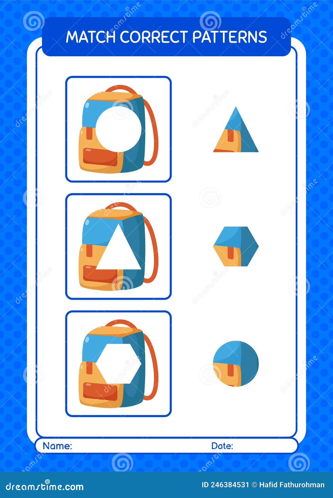 Match Pattern Game with Backpack. Worksheet for Preschool Kids, Kids ...