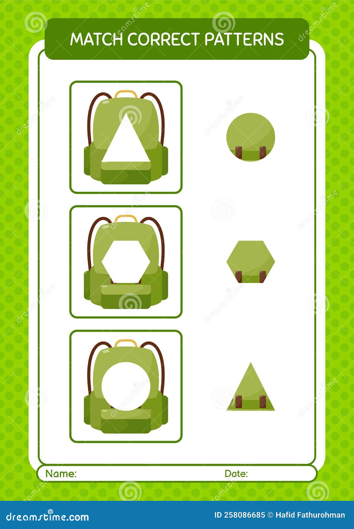 Match Pattern Game with Backpack. Worksheet for Preschool Kids, Kids ...