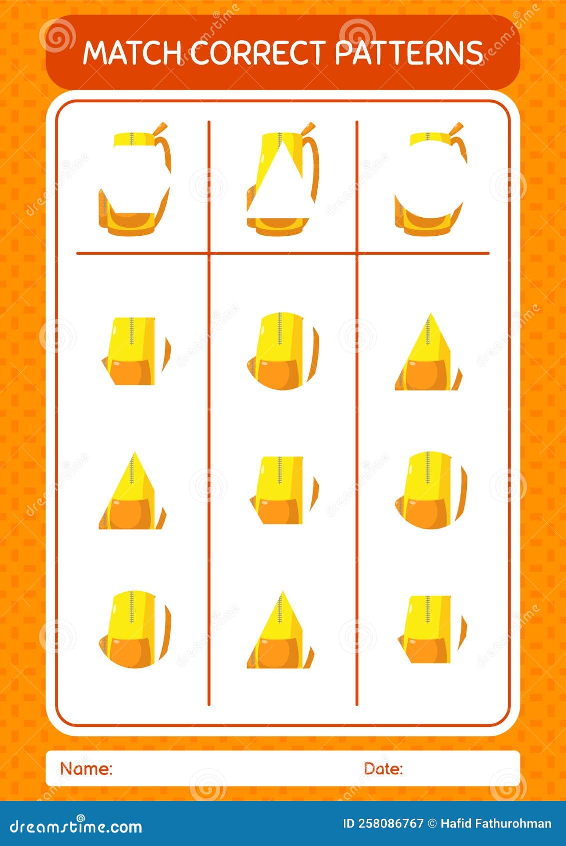 Match Pattern Game with Backpack. Worksheet for Preschool Kids, Kids ...