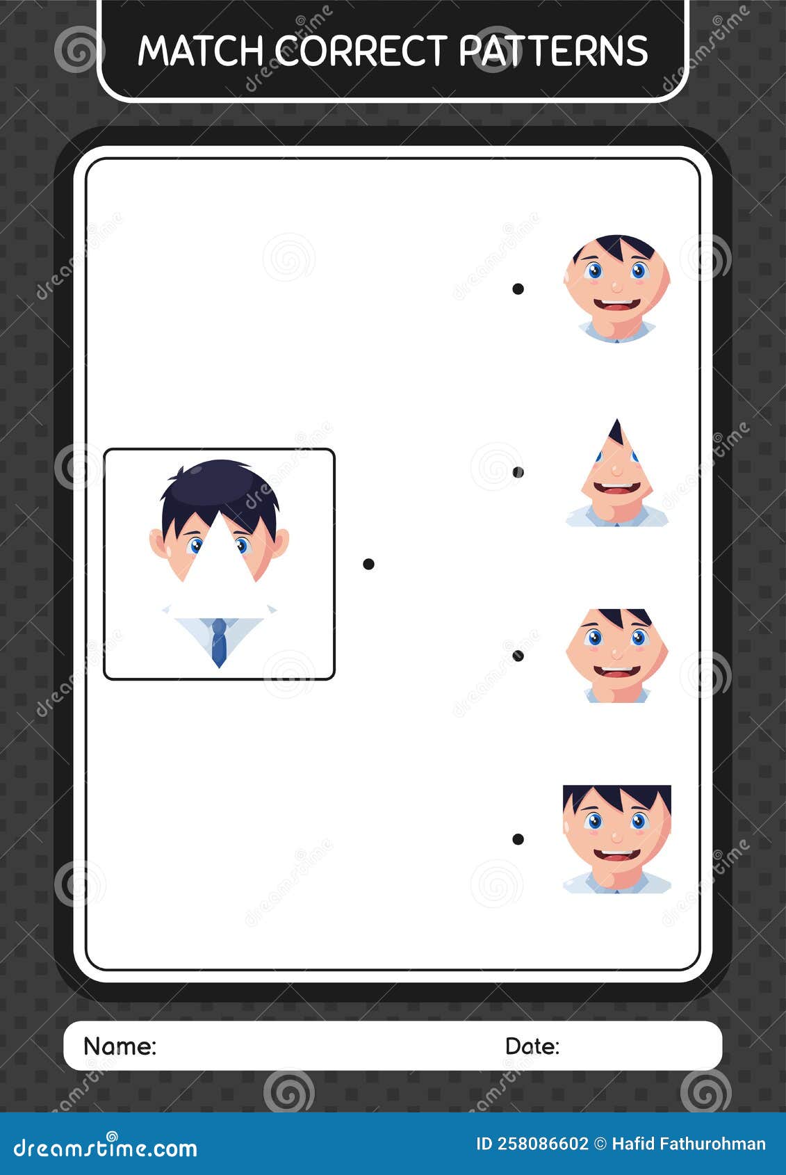 Match Pattern Game with Boy. Worksheet for Preschool Kids, Kids Activity Sheet Stock Vector ...