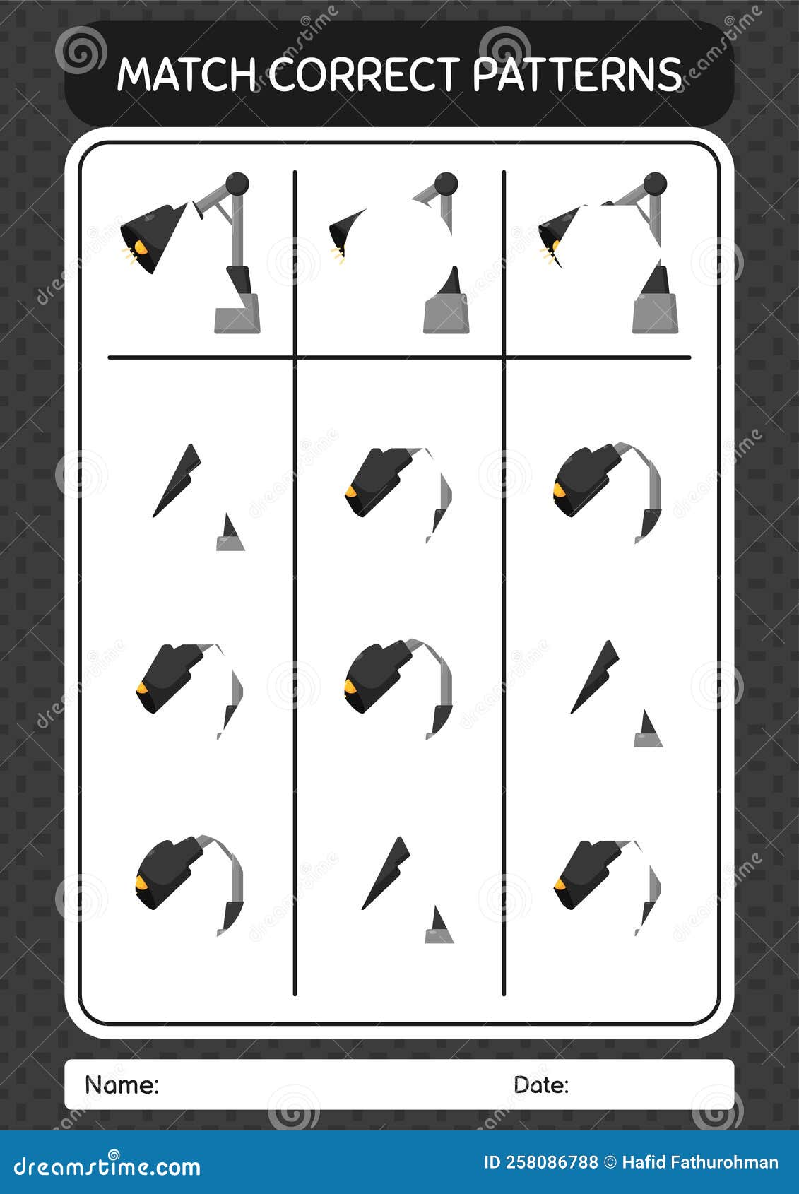 Match Pattern Game with Desk Lamp. Worksheet for Preschool Kids, Kids ...