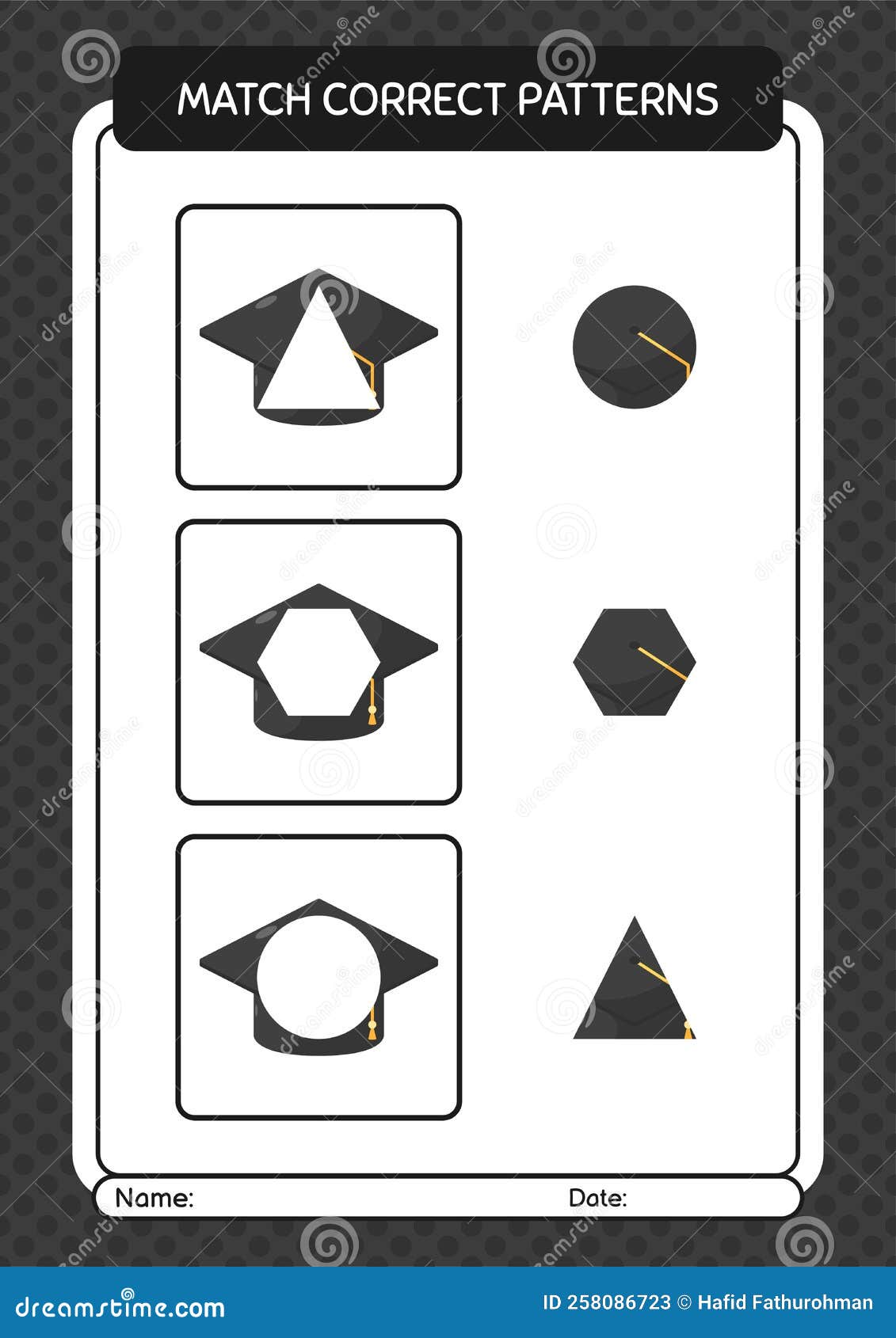Match Pattern Game with Graduation Cap. Worksheet for Preschool Kids ...