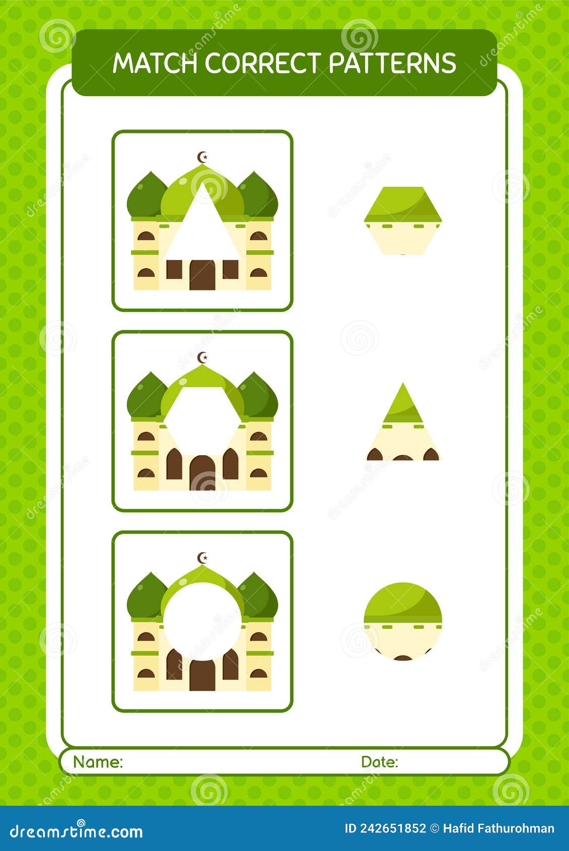 Match Pattern Game with Mosque. Worksheet for Preschool Kids, Kids ...
