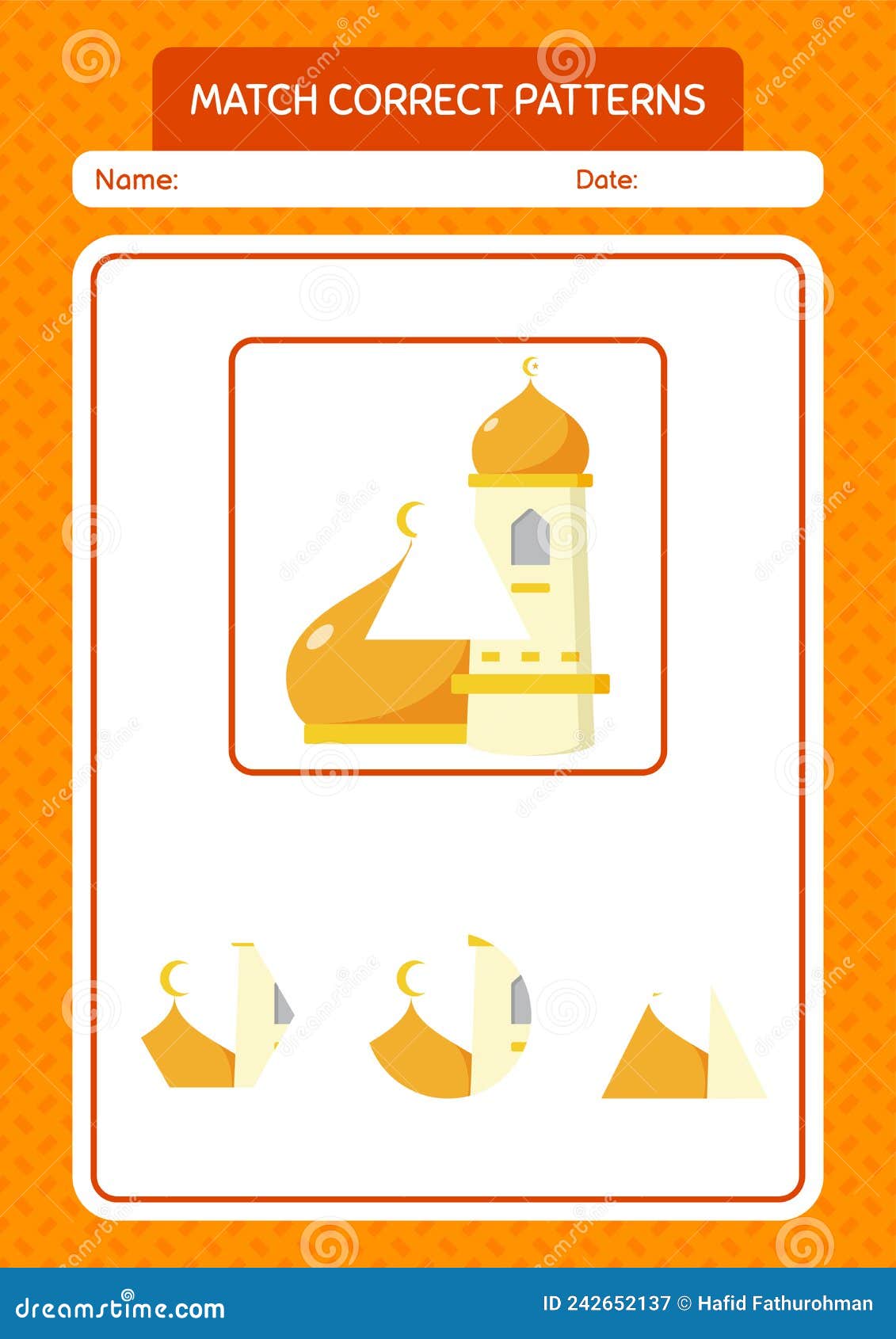 Match Pattern Game with Mosque. Worksheet for Preschool Kids, Kids ...