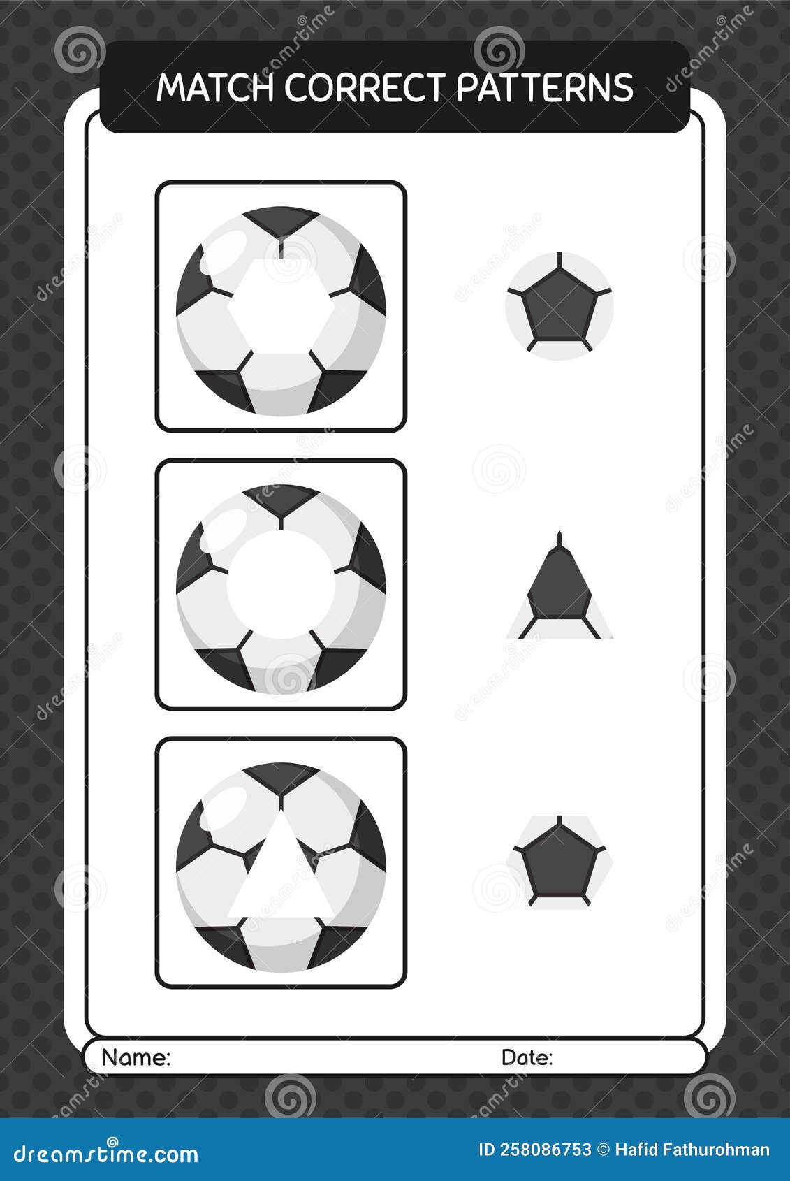 Match Pattern Game with Soccerball. Worksheet for Preschool Kids, Kids ...