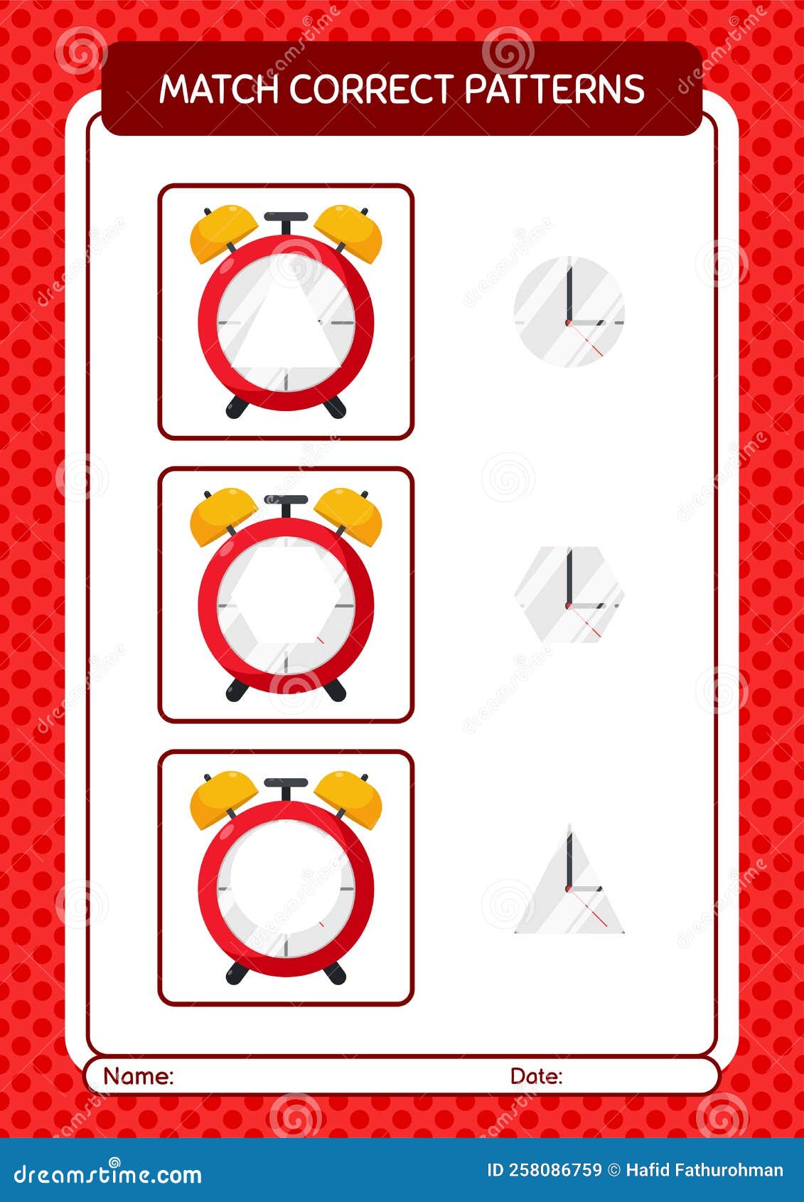 Match Pattern Game with Waker Clock. Worksheet for Preschool Kids, Kids ...