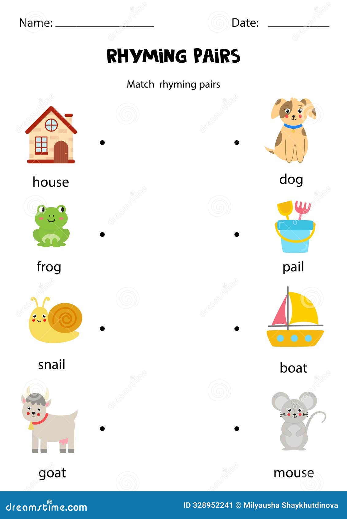 Match Rhyming Pair. Educational Worksheet For Kids. Cartoon Vector ...