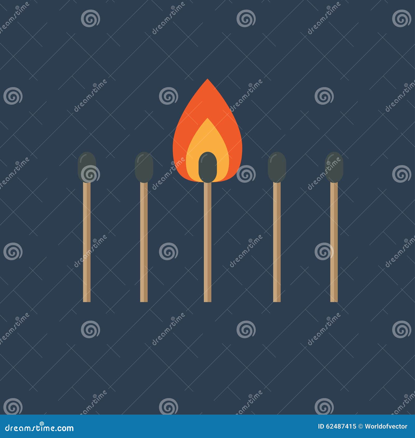 Match Set with One Burning Orange Fire Light. Flat Design Style Stock ...