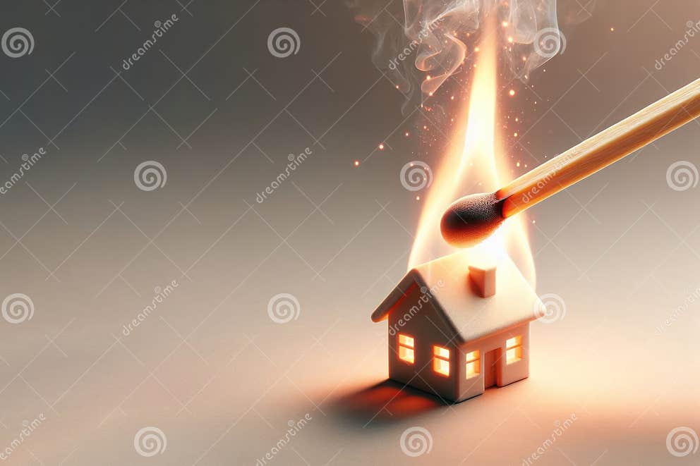 A Match Setting Fire To a Small House. Space for Text. Stock Image ...