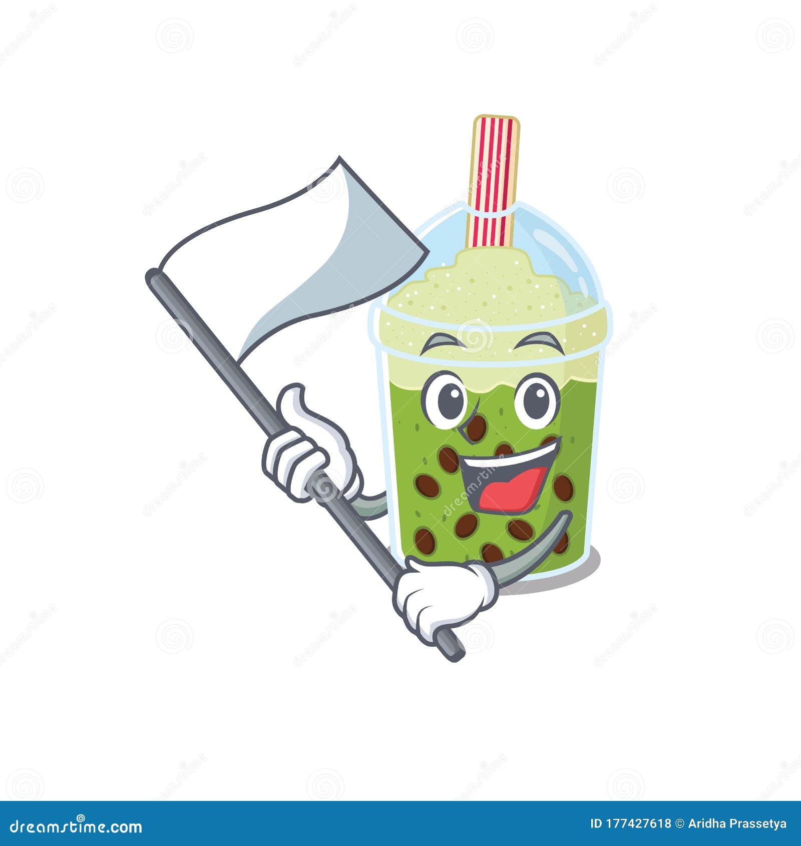 Matcha Bubble Tea Cartoon Character Design Holding Standing Flag Stock ...