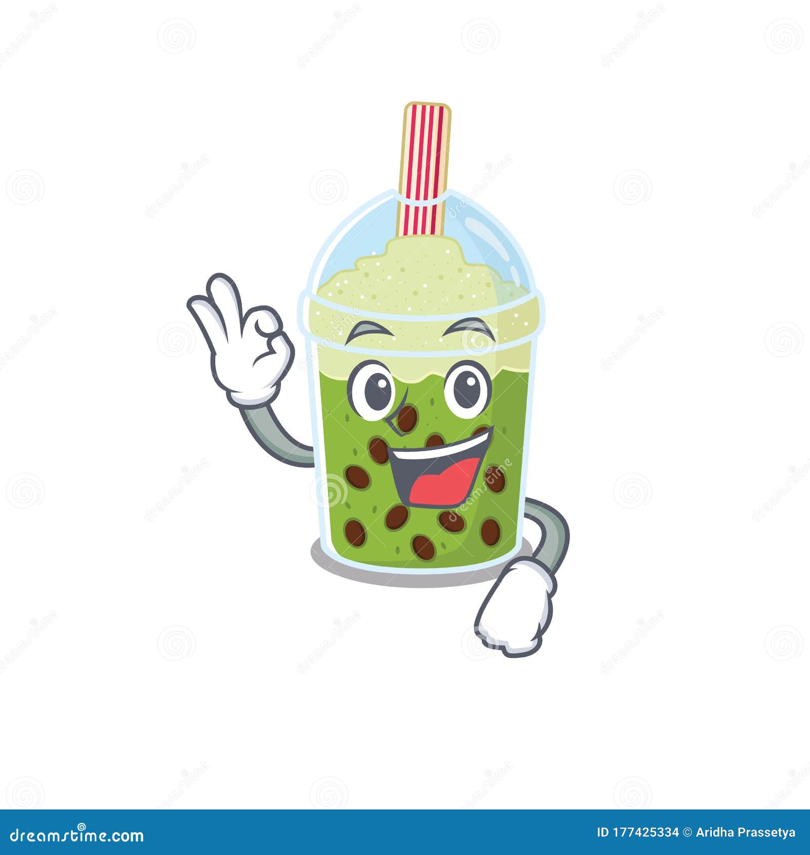 Matcha Bubble Tea Cartoon Character Design Style Making an Okay Gesture ...
