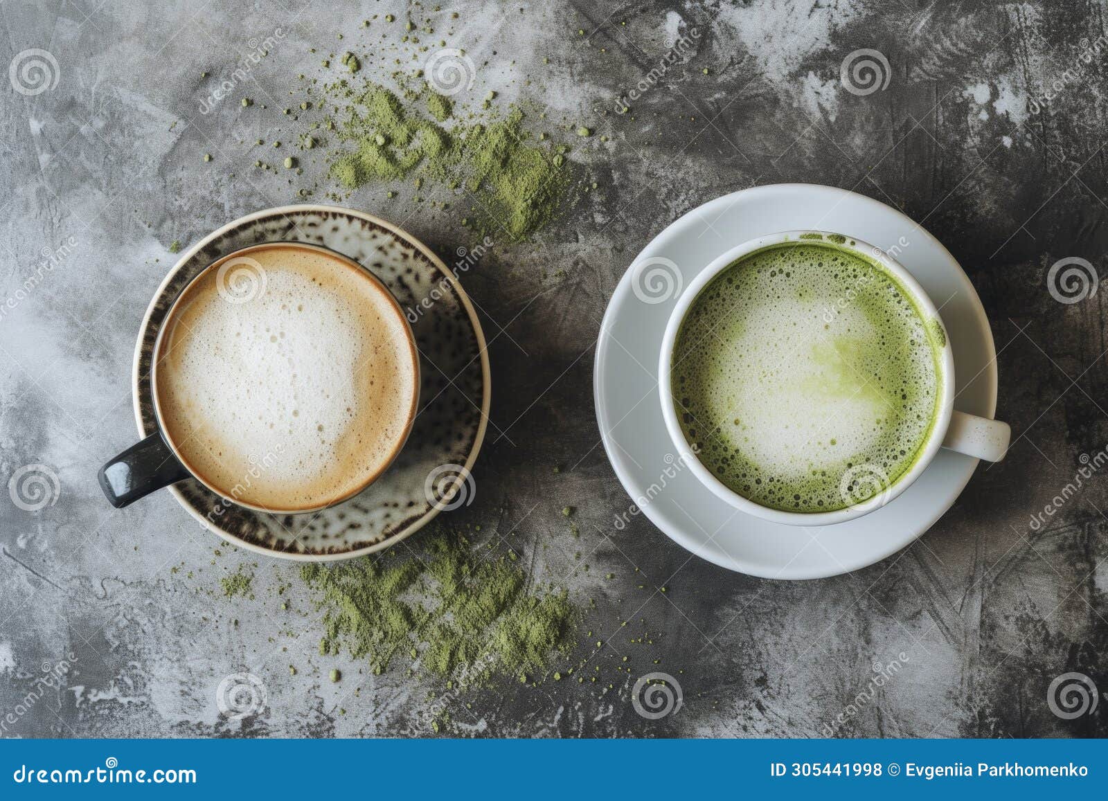 Matcha and Coffee Cups on Gray Surface Stock Photo - Image of gray ...
