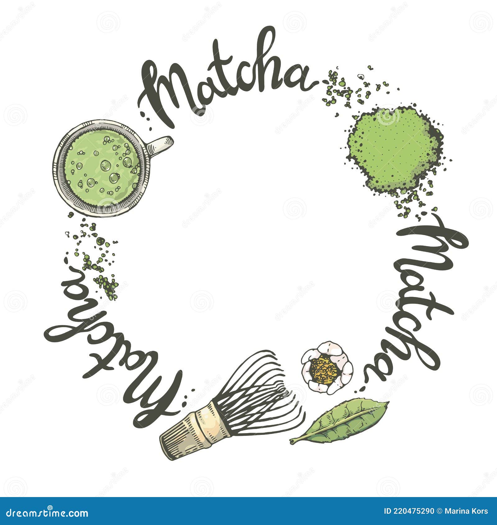 Matcha Drink and Bamboo Whisk Round Lettering Stock Vector ...