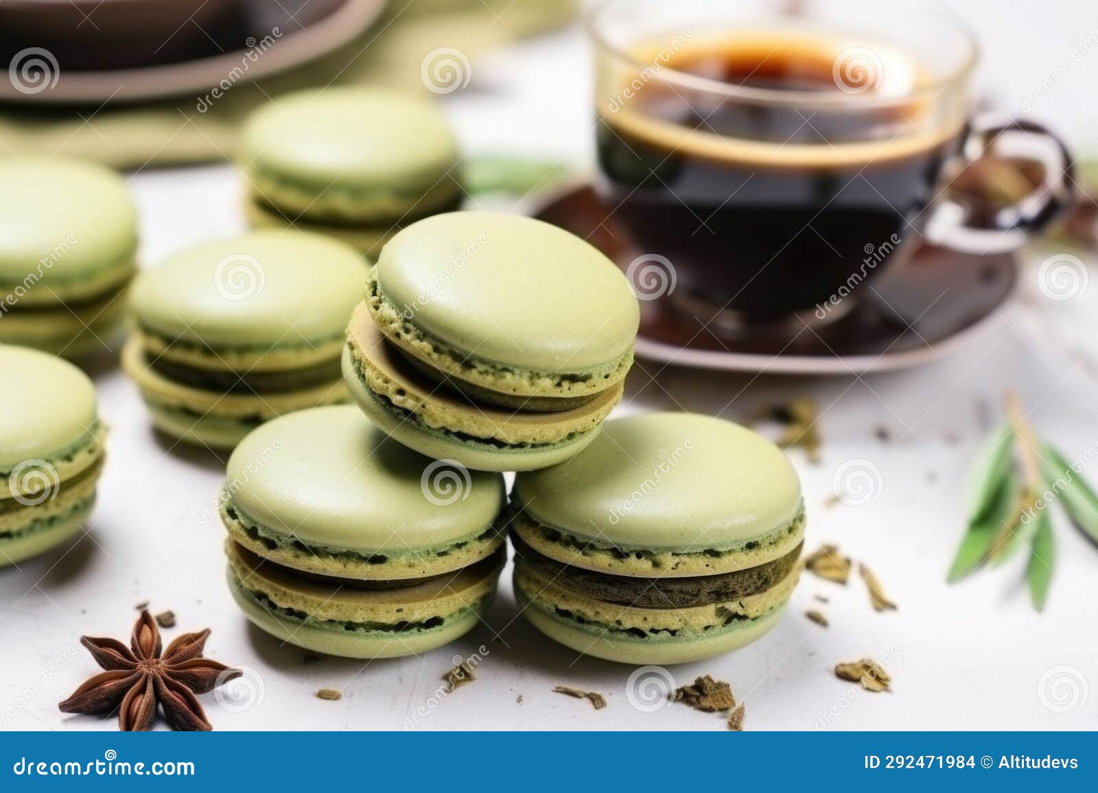Matcha Flavor Macarons with Matcha Tea Powder Around Stock Photo ...