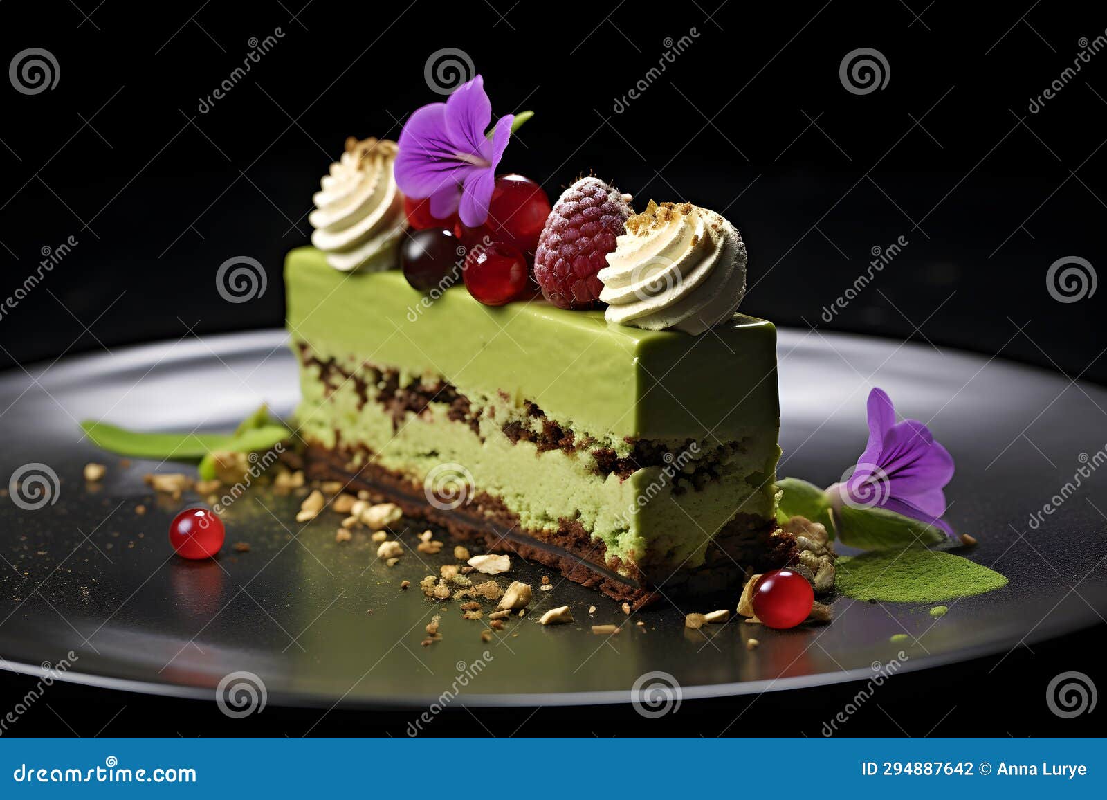 Matcha-flavored Cake on a Plate Decorated with Flowers and Berries ...