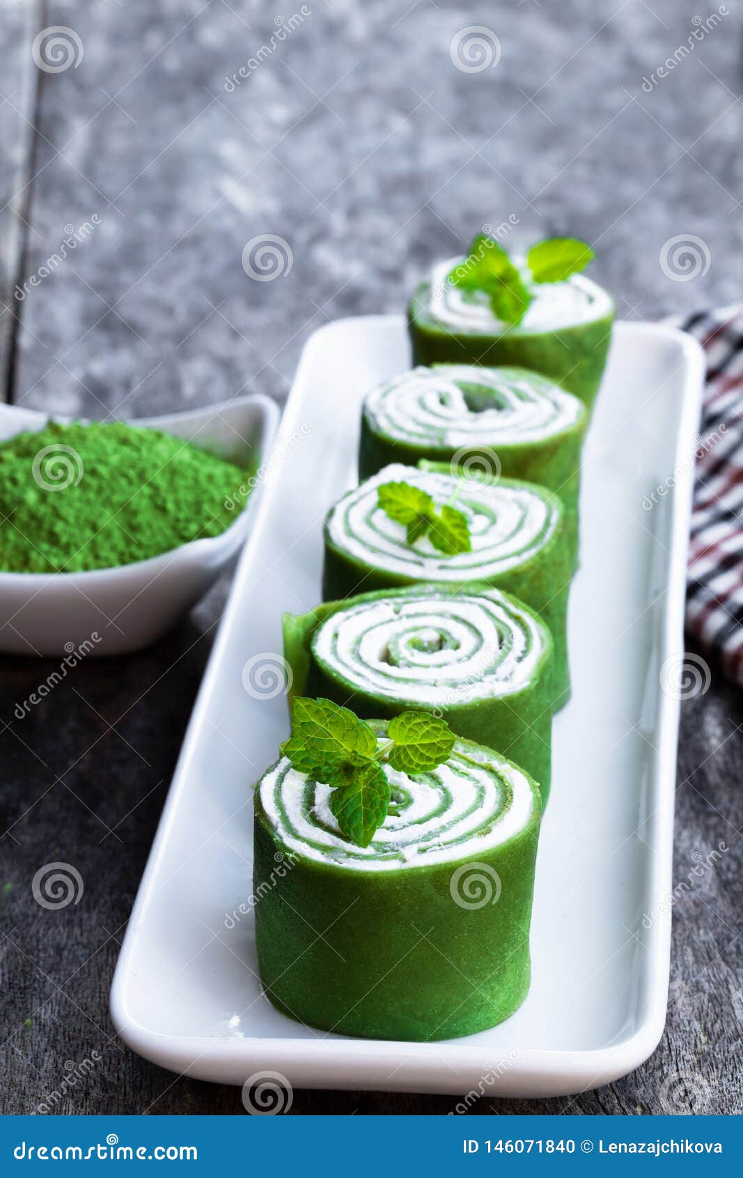 Matcha Green Tea Crepe on Rustic Wooden Table Stock Photo - Image of ...