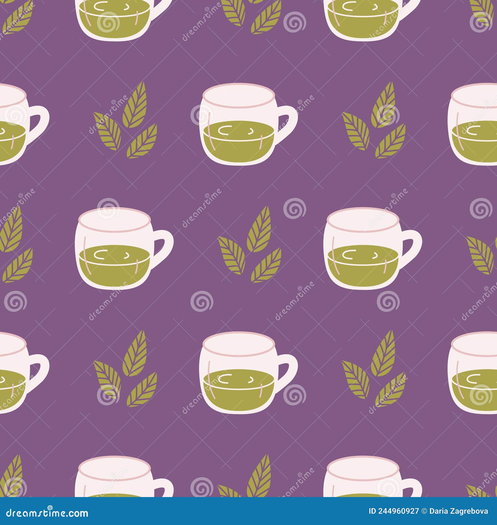 Matcha Green Tea in Glass Mug with Leaves, Vector Seamless Pattern ...