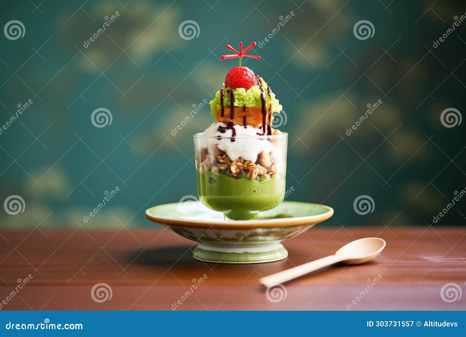 Matcha Green Tea Sundae with Red Bean Paste Stock Image - Image of ...