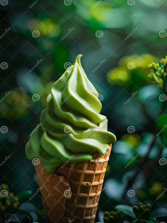 Matcha Ice Cream in an Ice Cone Stock Photo - Image of green, creams ...