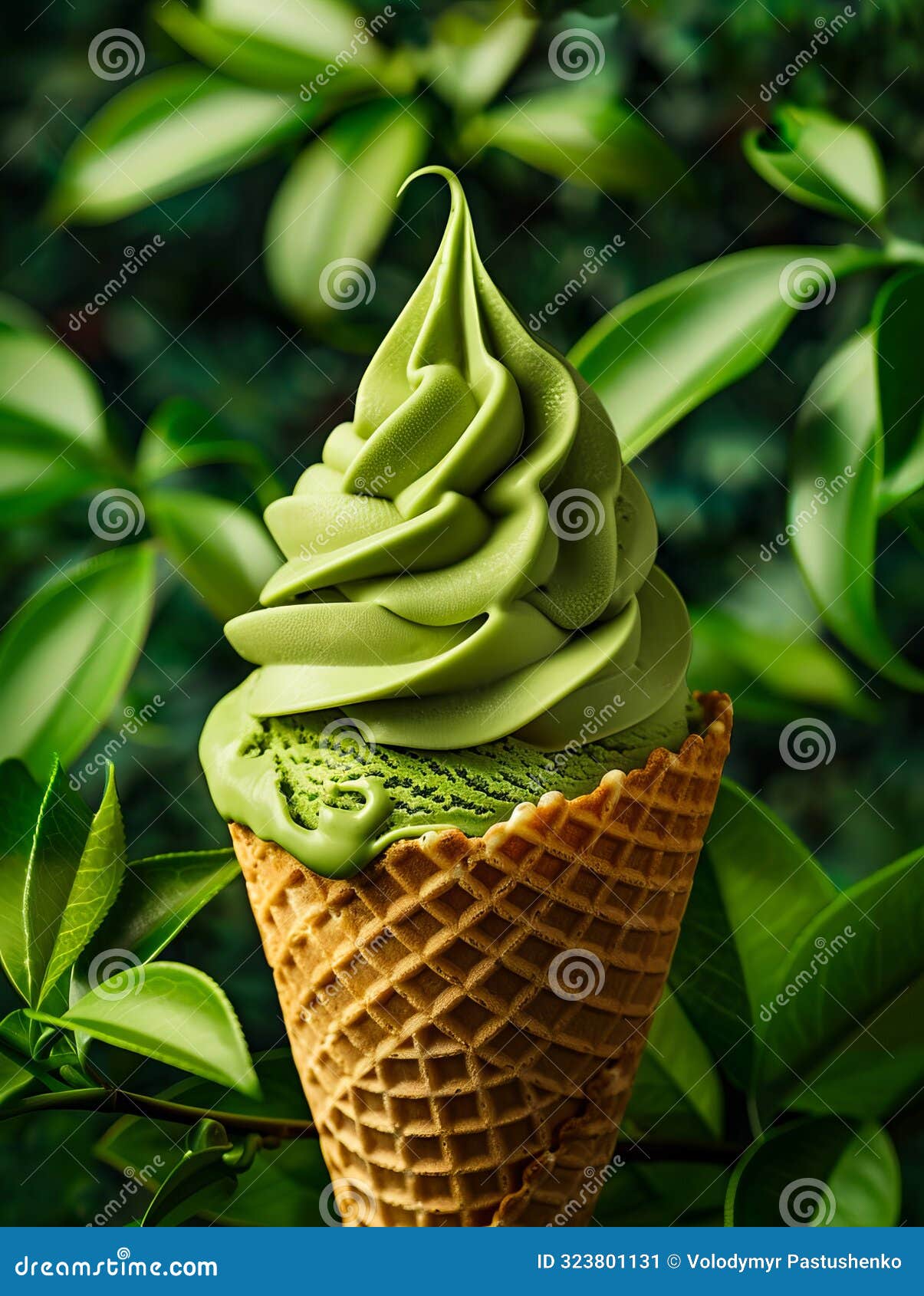Matcha Ice Cream Cone with Green Leaves Stock Image - Image of cone ...