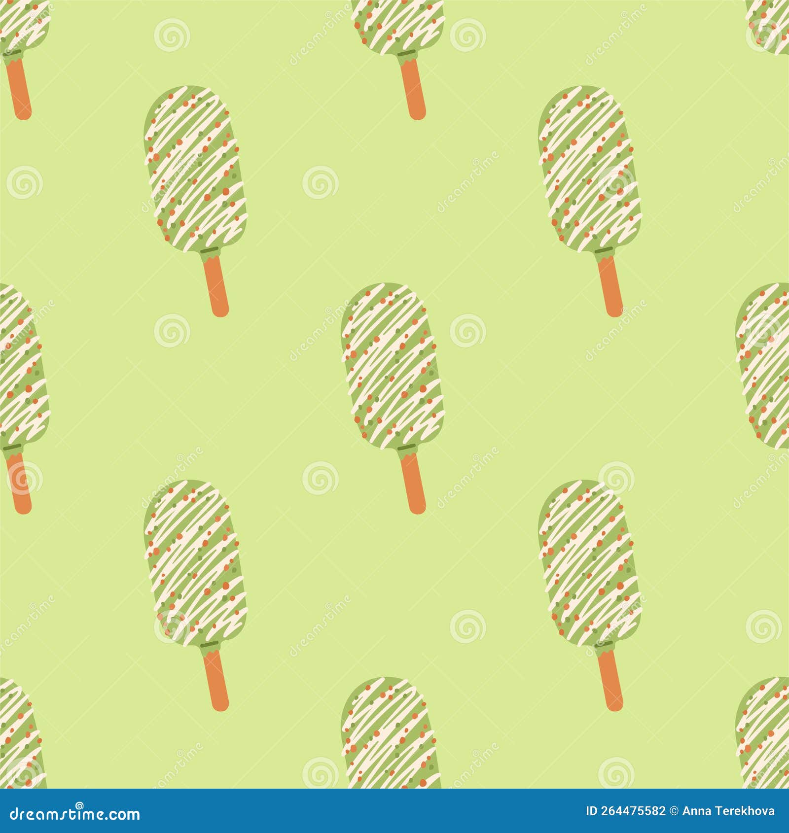 Matcha Ice Cream Seamless Pattern on Green Matcha Background, Vector ...