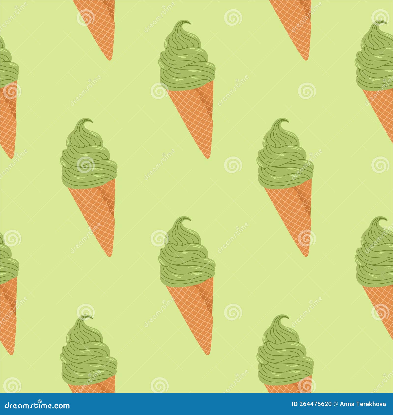 Matcha Ice Cream Seamless Pattern on Green Matcha Background, Vector ...