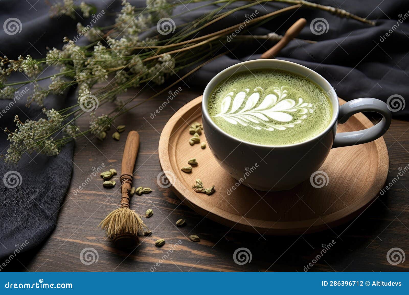 Matcha Latte with Latte Art on Wooden Surface Stock Photo - Image of ...