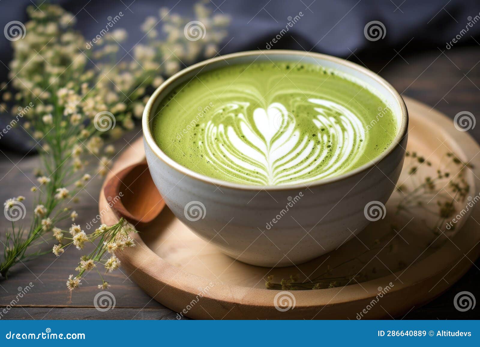 Matcha Latte with Latte Art on Wooden Surface Stock Image - Image of ...