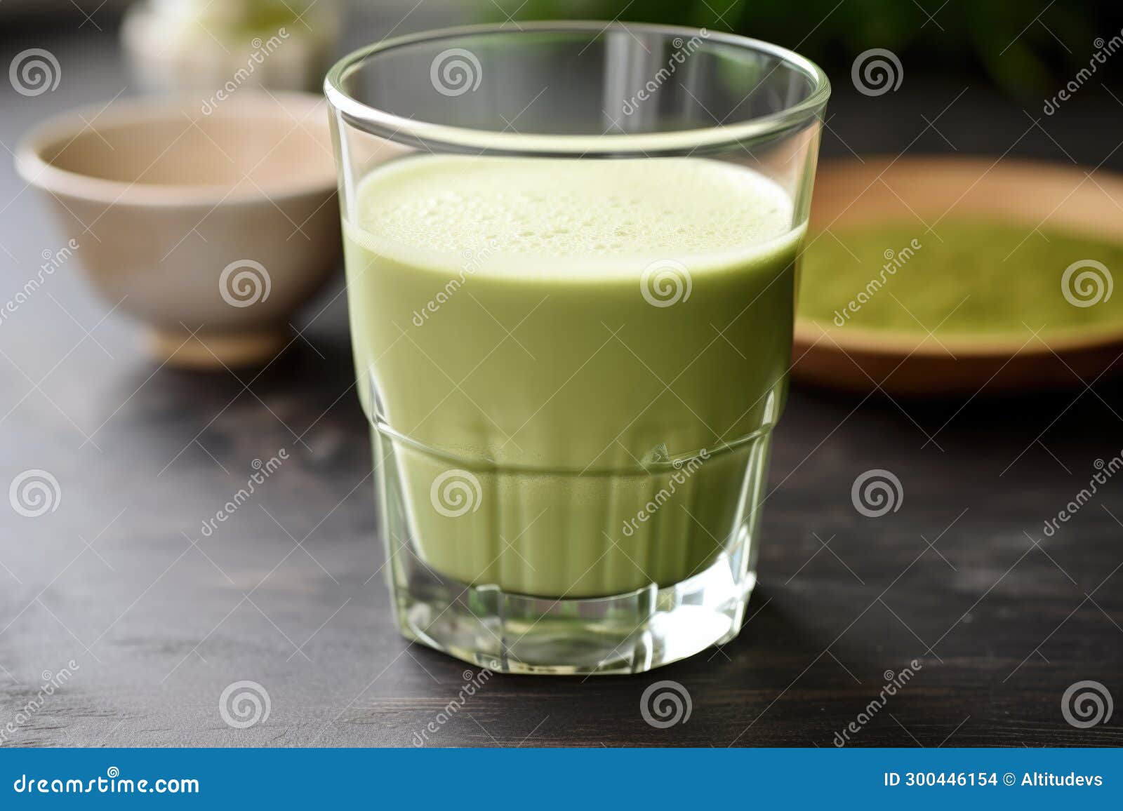 Matcha Latte in a Clear Glass on a Saucer Stock Photo - Image of matcha ...