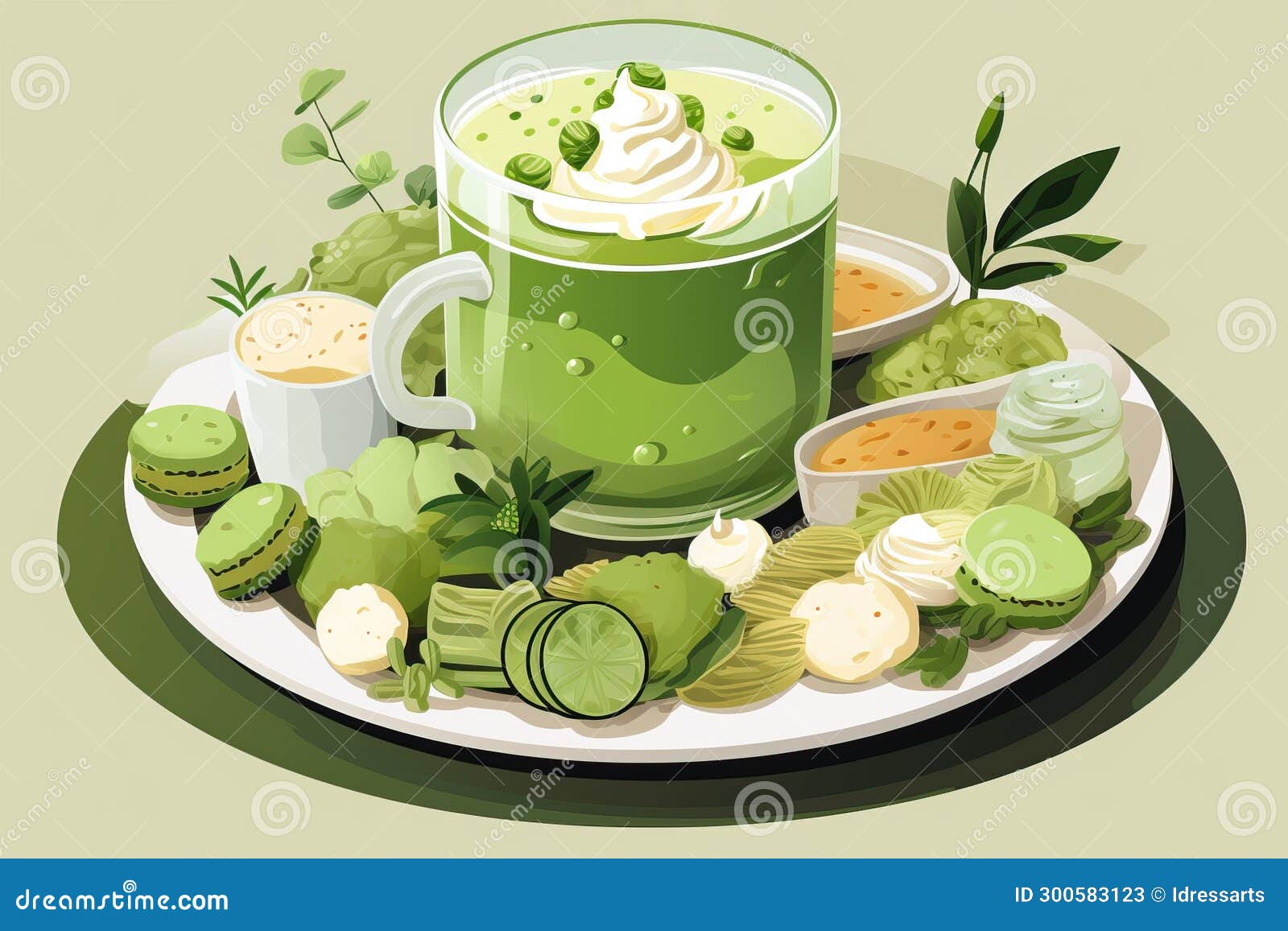 Matcha Latte with Complementary Desserts. Harmonious Combination of ...