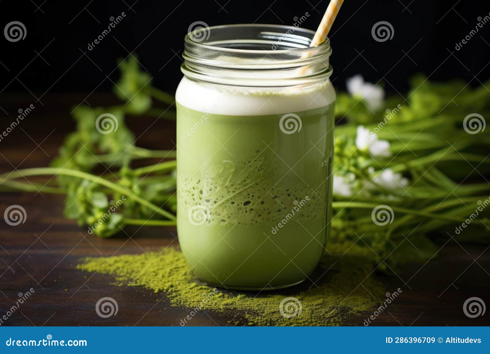 Matcha Latte in a Mason Jar with a Reusable Straw Stock Image - Image ...