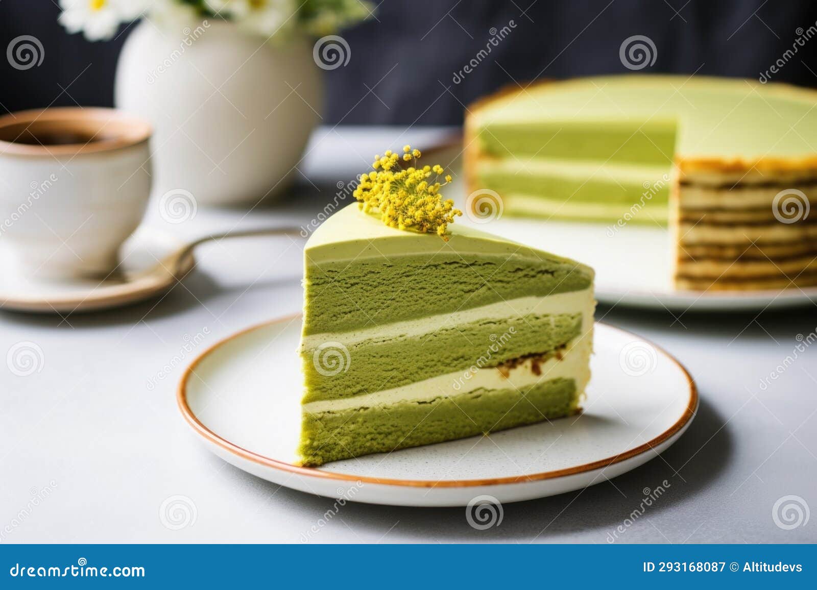 Matcha Latte Next To a Matcha Cake Slice on a Plate Stock Illustration ...