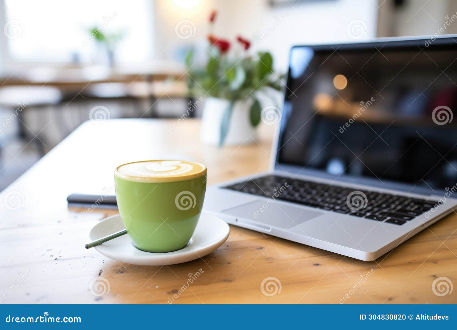 A Matcha Latte Next To a Laptop and Notepad, Work Environment Stock ...
