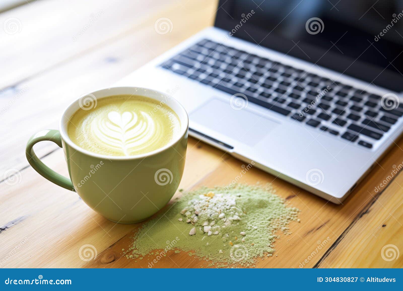 A Matcha Latte Next To a Laptop and Notepad, Work Environment Stock ...