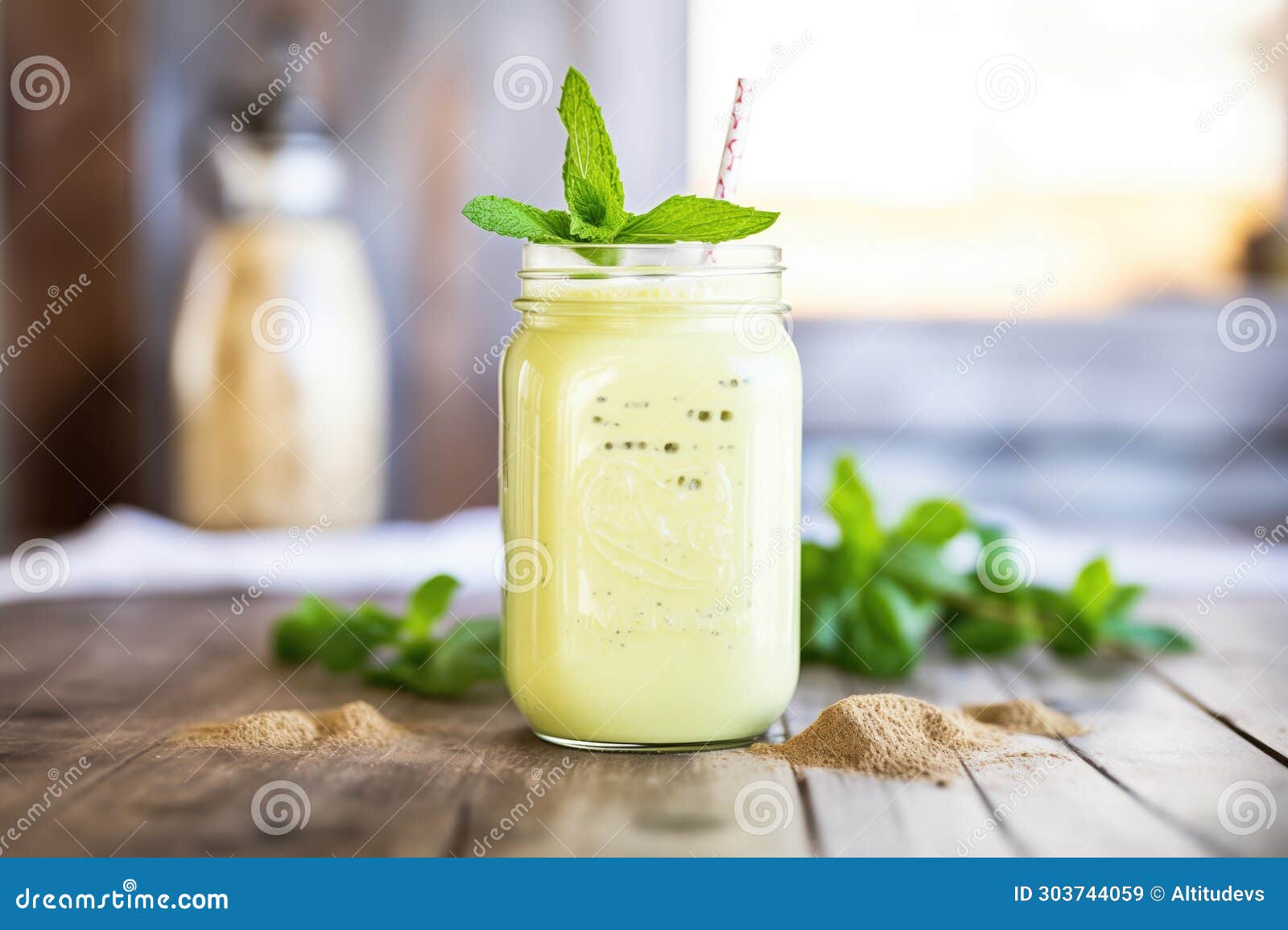Matcha Latte in a Rustic Mason Jar, Garnished with Mint Leaf Stock ...