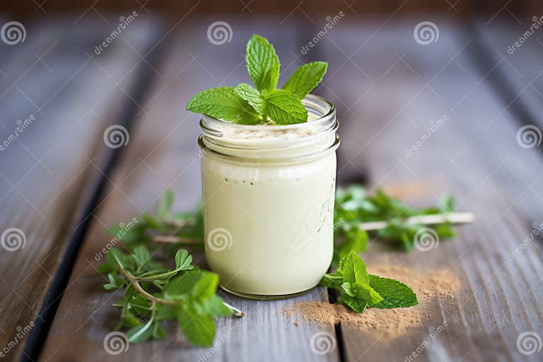 Matcha Latte in a Rustic Mason Jar, Garnished with Mint Leaf Stock ...