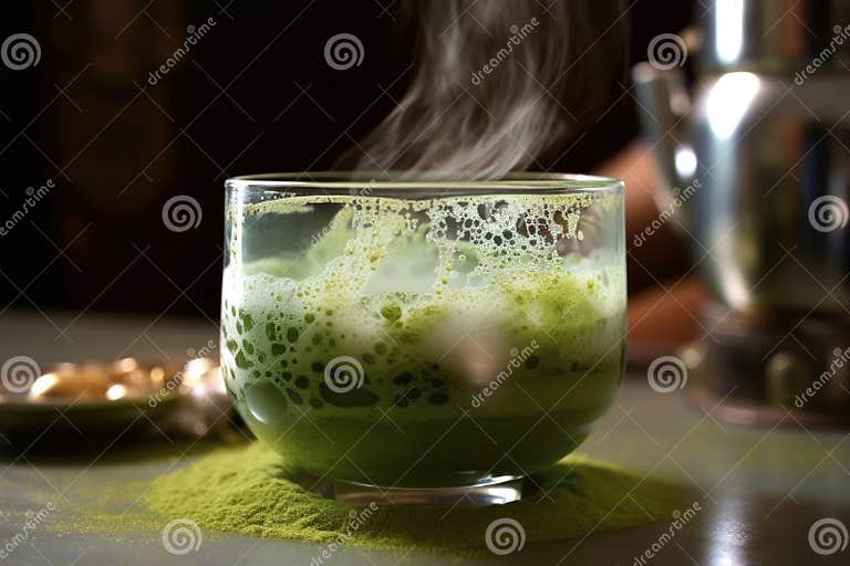 Matcha Powder Dissolving in Hot Water, Creating Bubbles Stock ...