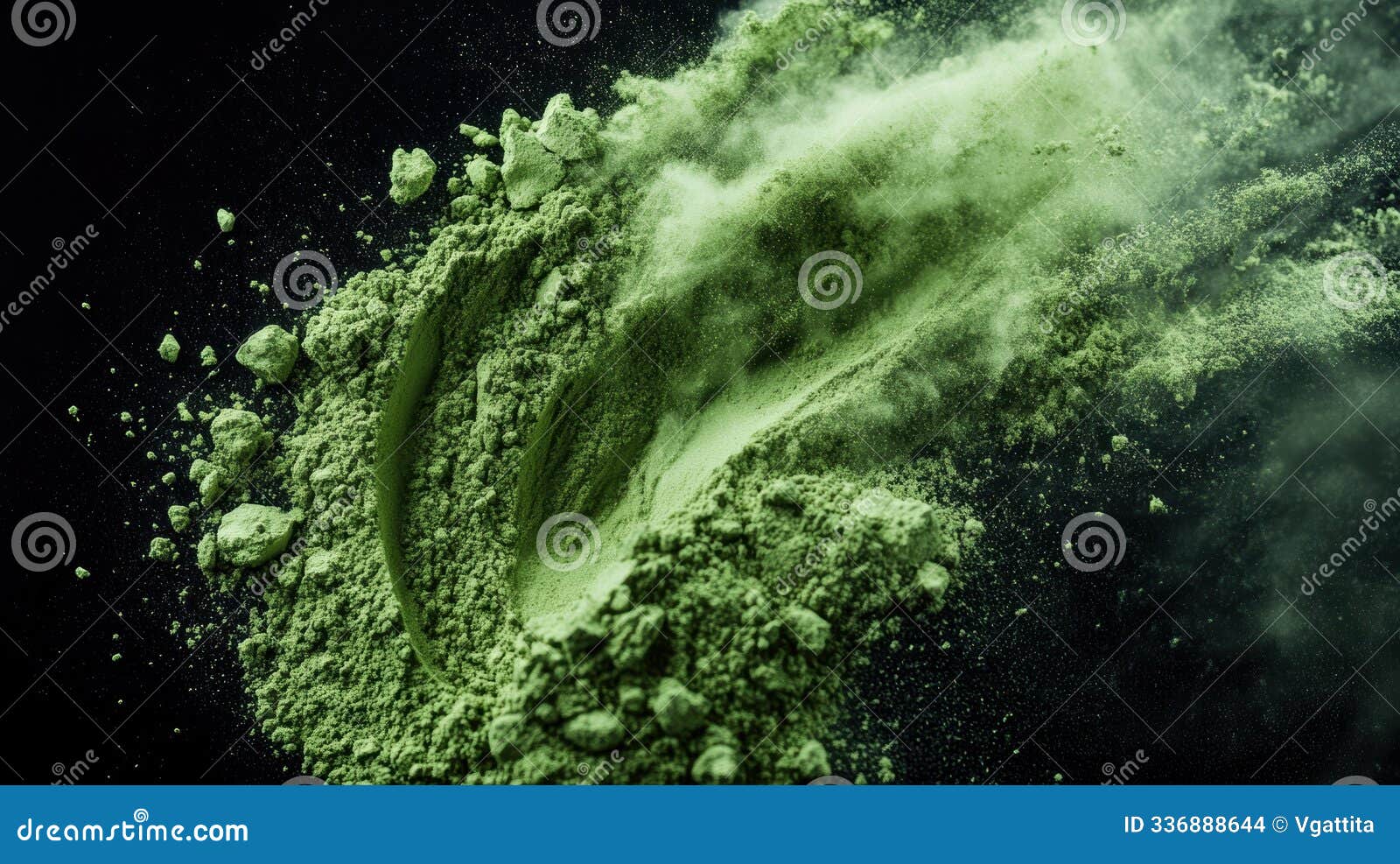 Matcha Powder Exploding Mid-air, with Particles Scattering Against a ...