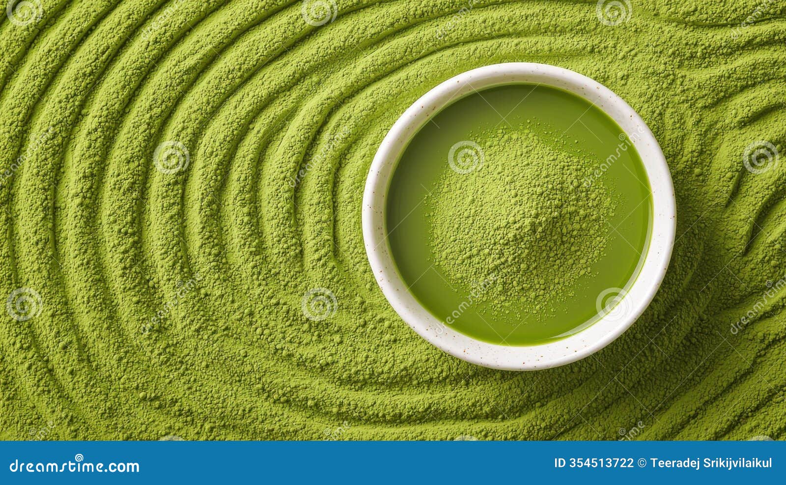 Matcha Powder in White Bowl on Textured Green Background with Circular ...