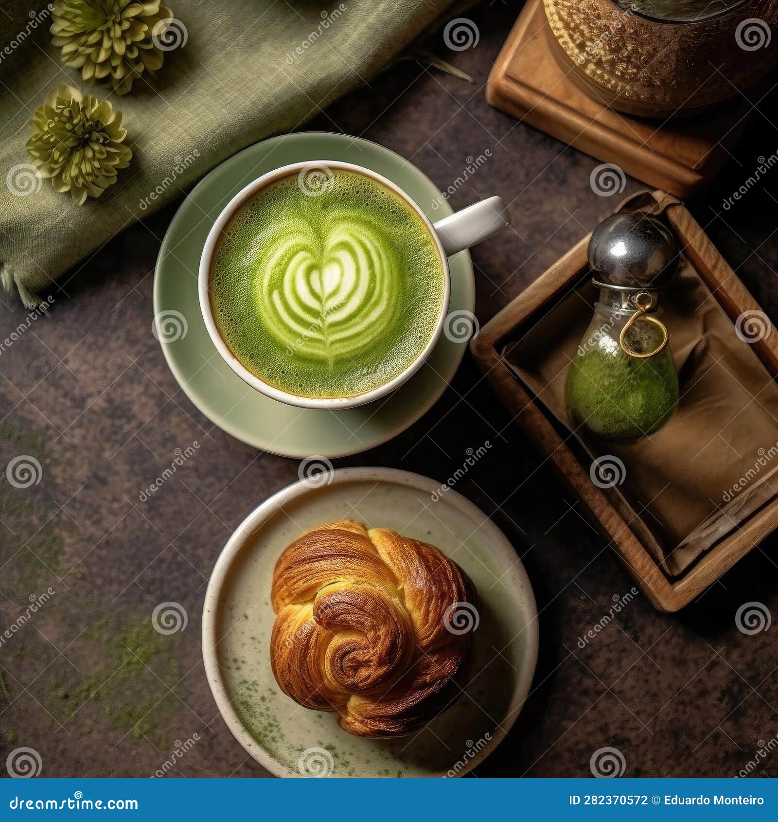 Matcha Table with Latte, Croissant, and Muffin Stock Illustration ...