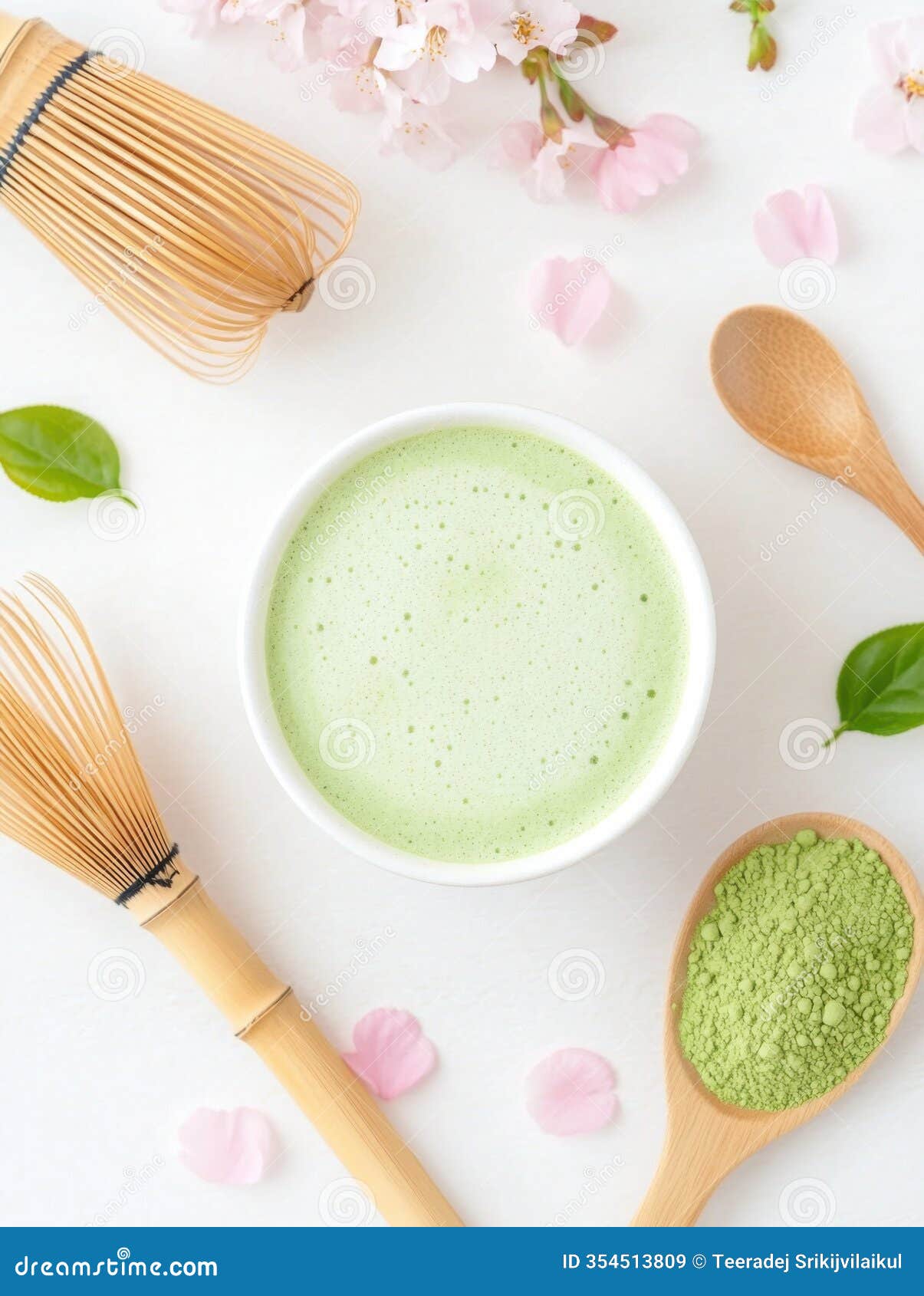 Matcha Tea with Frothy Texture Surrounded by Bamboo Whisks, Powder, and ...