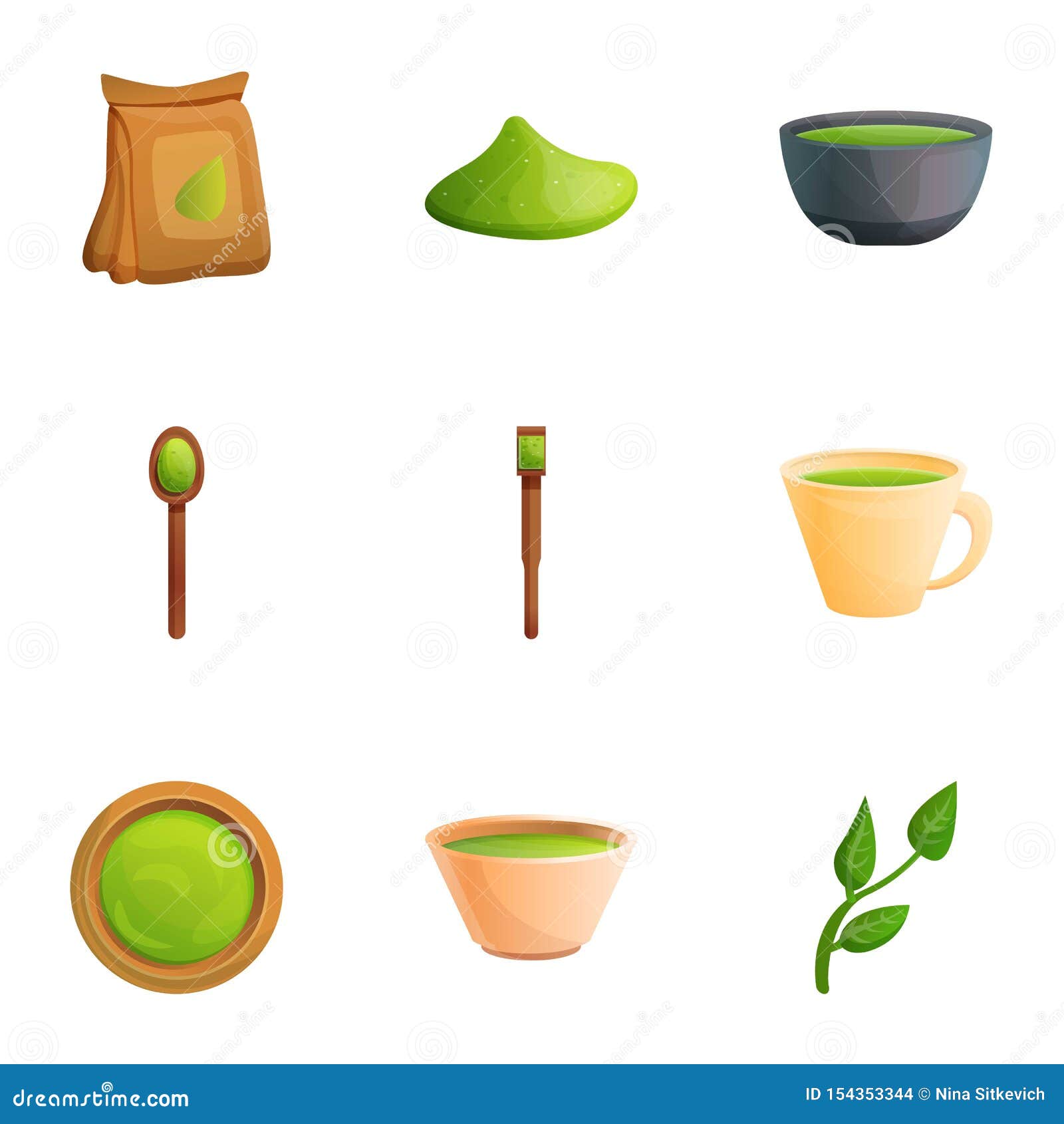 Matcha Tea Icon Set, Cartoon Style Stock Vector - Illustration of ...