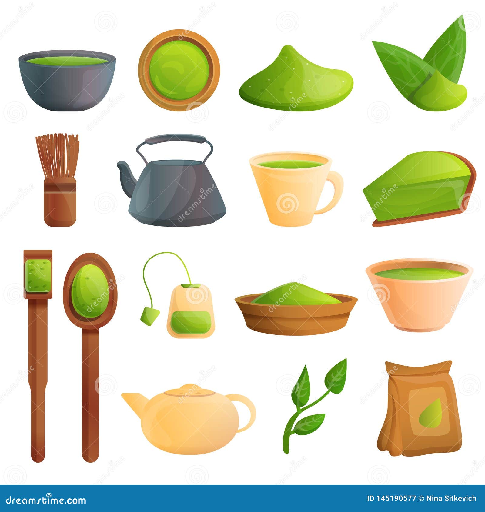 Matcha Tea Icons Set, Cartoon Style Stock Vector - Illustration of food ...