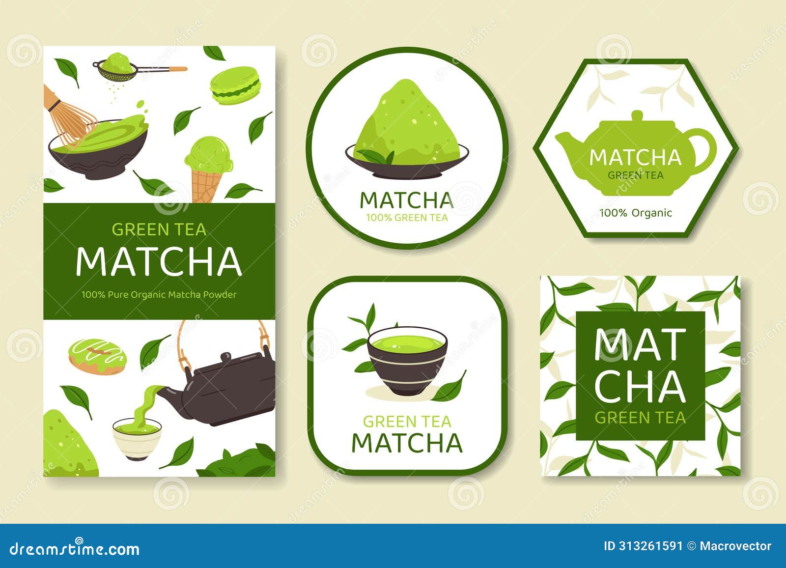 Matcha Tea Labels in Flat Design Stock Illustration - Illustration of ...
